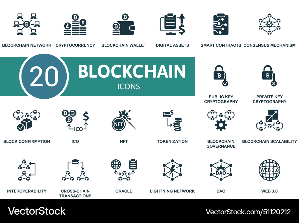 Blockchain set creative icons monochrome Vector Image