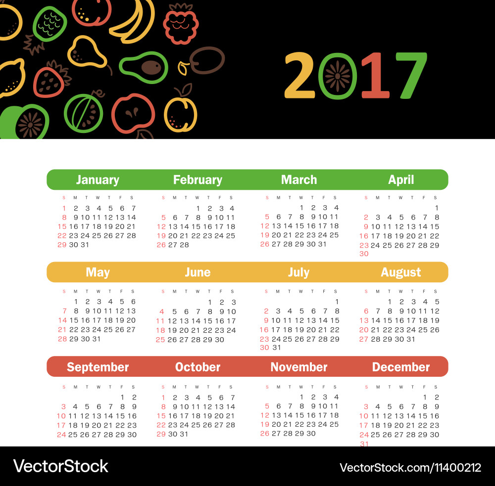 Calendar 2017 year week starts sunday Royalty Free Vector