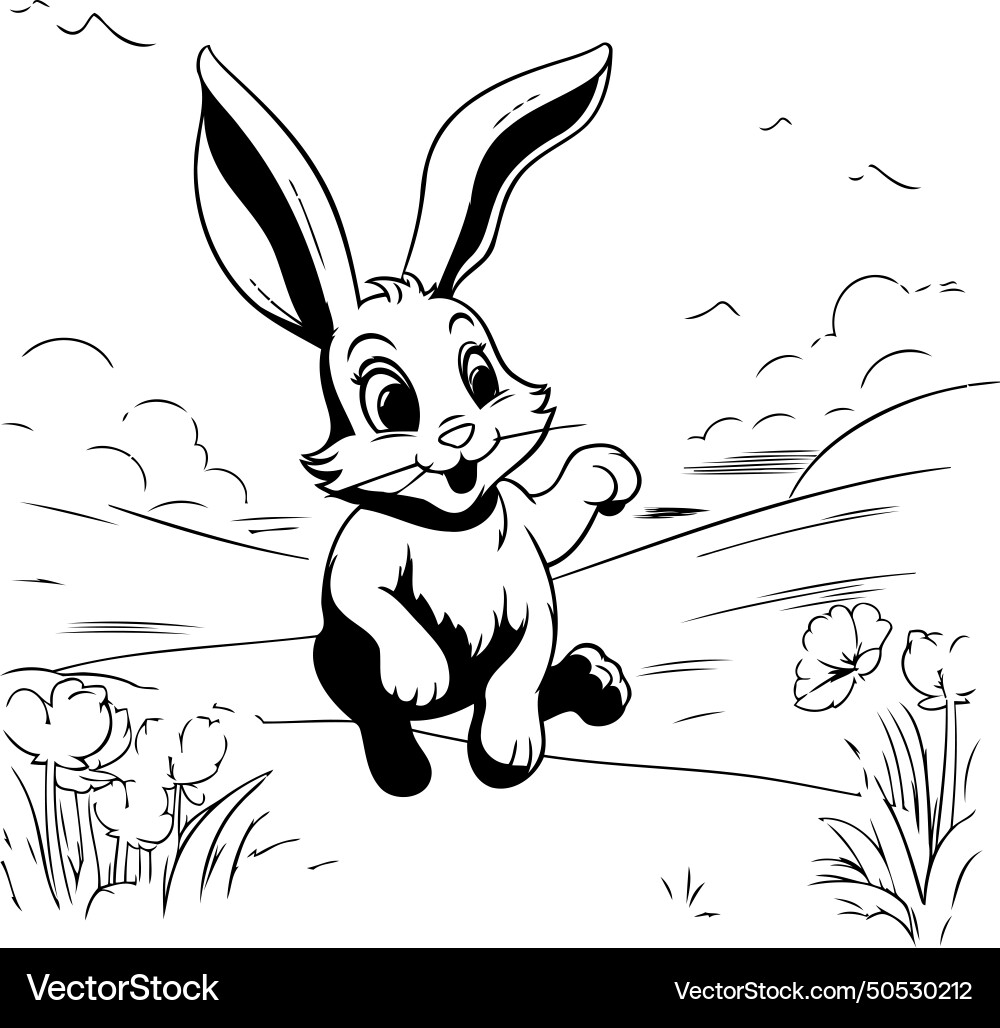 Easter bunny running in the field - black Vector Image