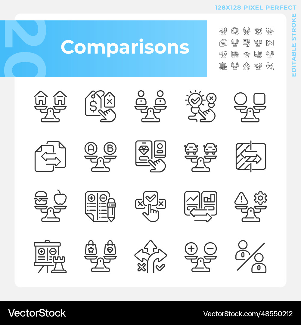 Editable black comparisons line icons set Vector Image