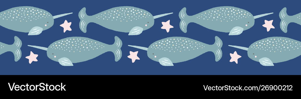 Narwhal seamless border pattern with stars a cute Vector Image