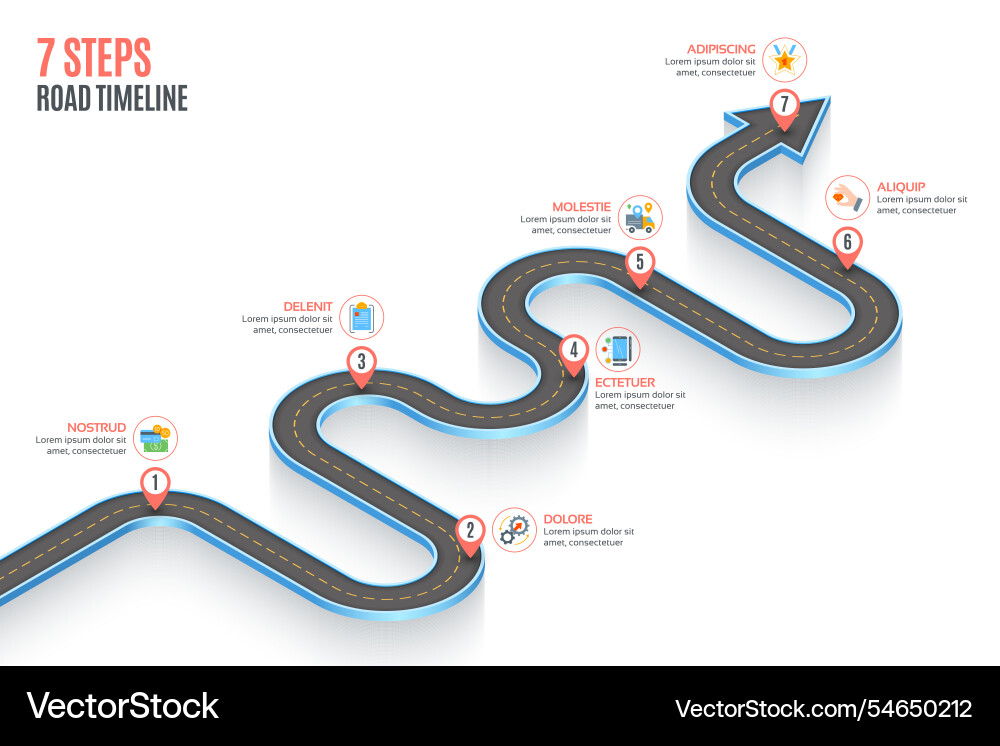 Navigation Roadmap Timeline - 7 Steps Royalty Free Vector