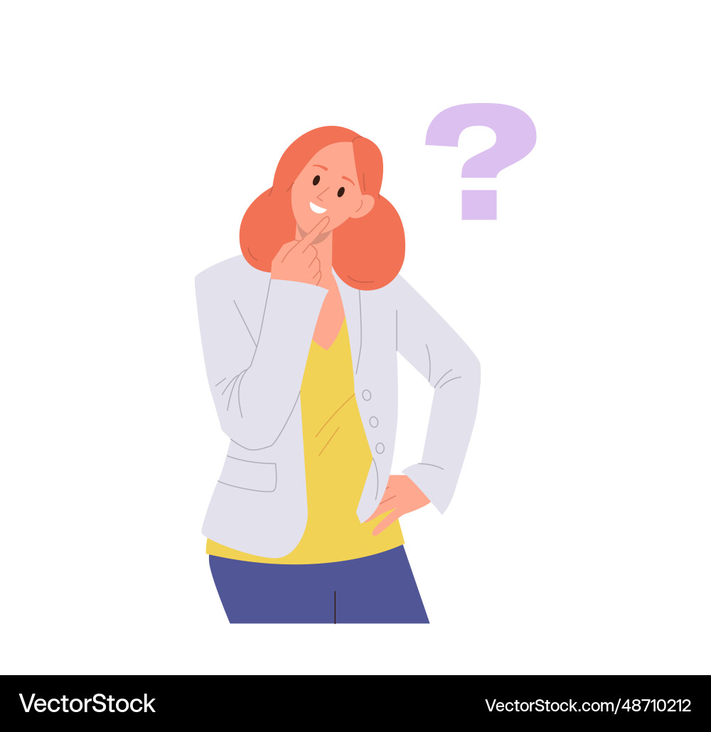 Smiling woman with huge question mark thinking Vector Image