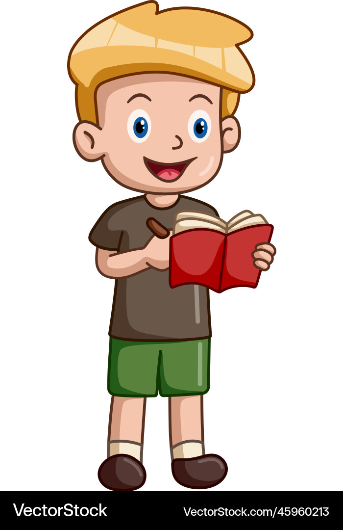 Cute school boy cartoon reading a book Royalty Free Vector