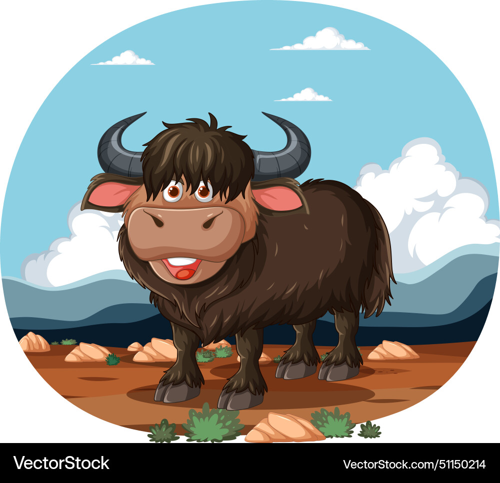 Cartoon yak smiling in a scenic mountain backdrop Vector Image
