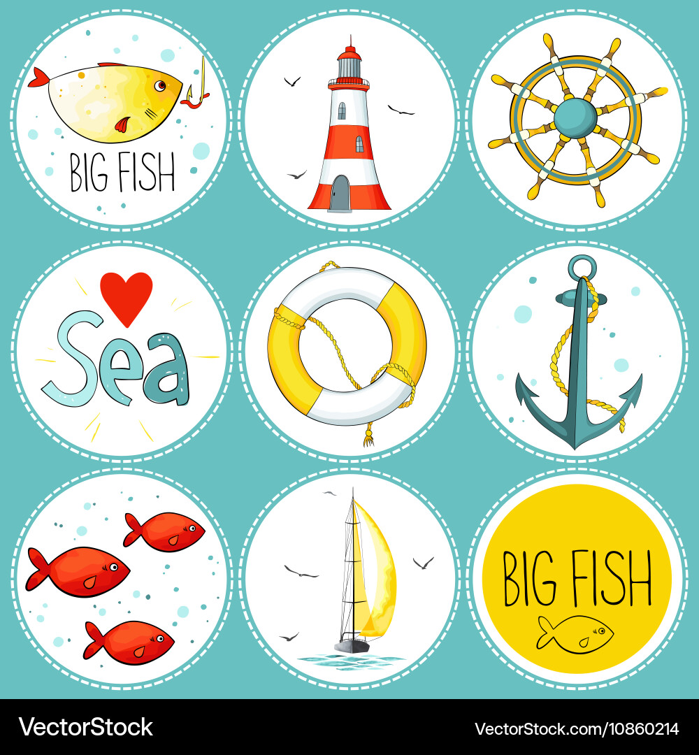 Sea set of 9 nautical elements in a circle shape Vector Image