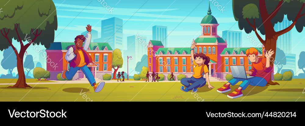 Students on campus near university building Vector Image