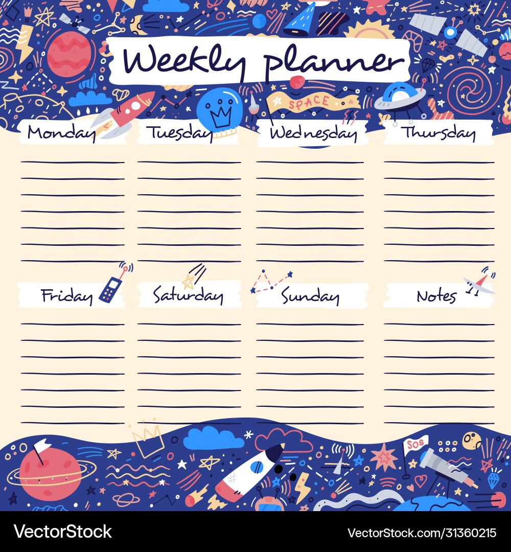 Weekly planner with funny outer space Royalty Free Vector
