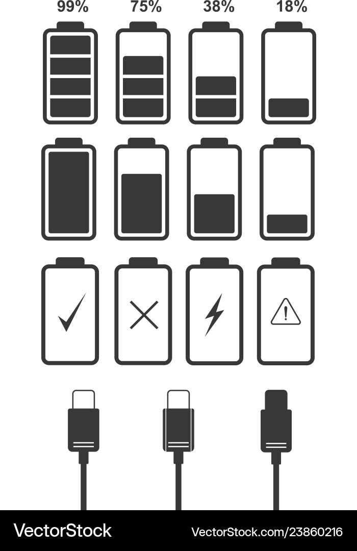 Battery indicator icons and charger connector Vector Image