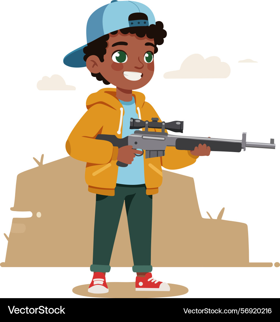 Boy holding rifle with blue cap and orange jacket Vector Image