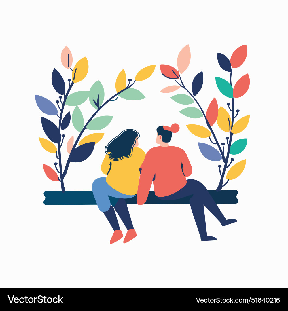 Two people sitting bench surrounded colorful Vector Image