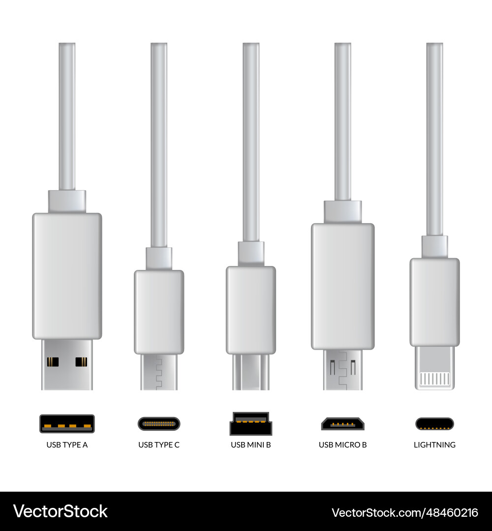 Usb cable connectors realistic set Royalty Free Vector Image