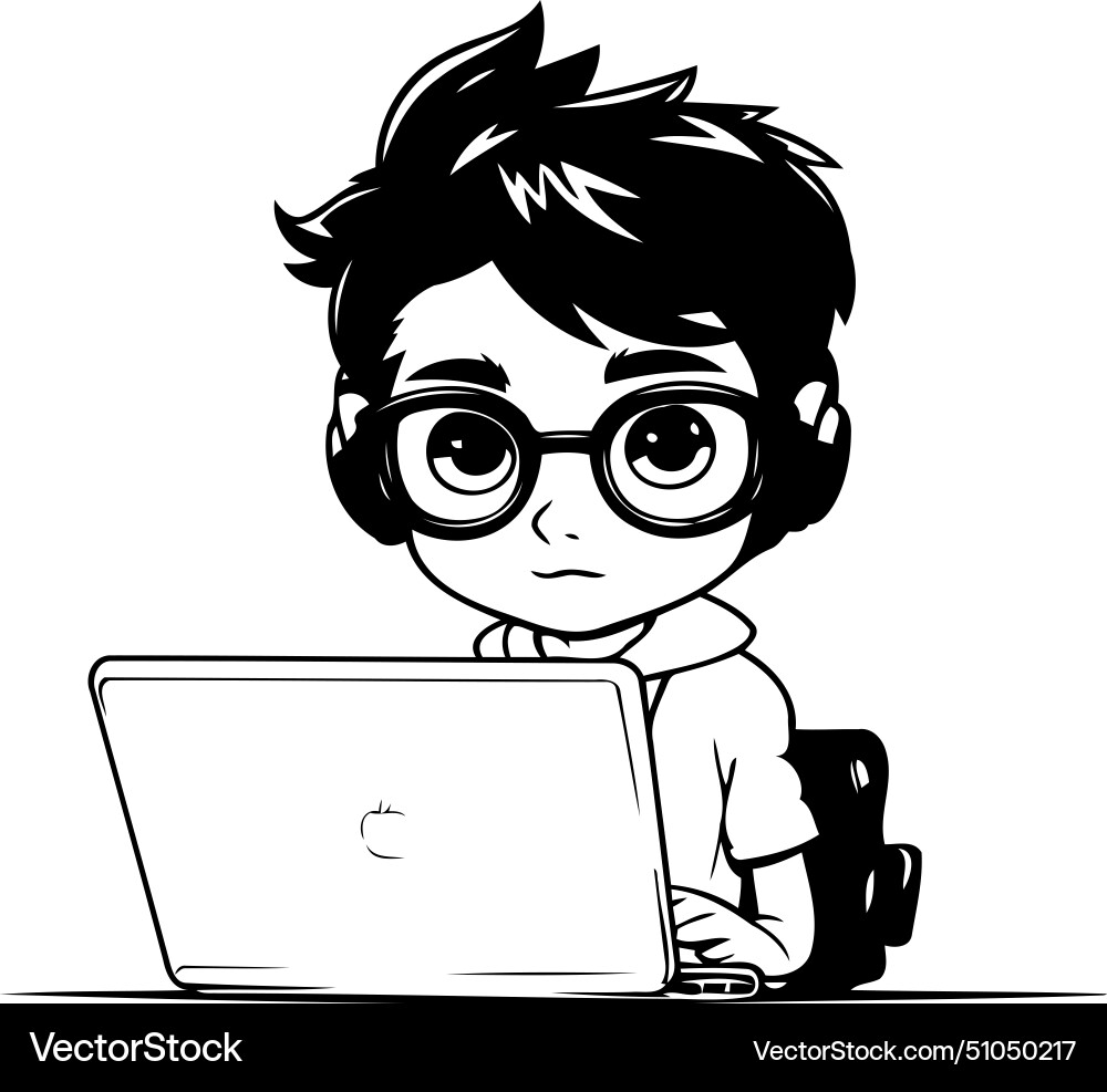 Cute little boy using a laptop computer cartoon Vector Image
