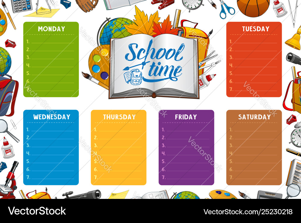 School timetable week schedule color notes Vector Image
