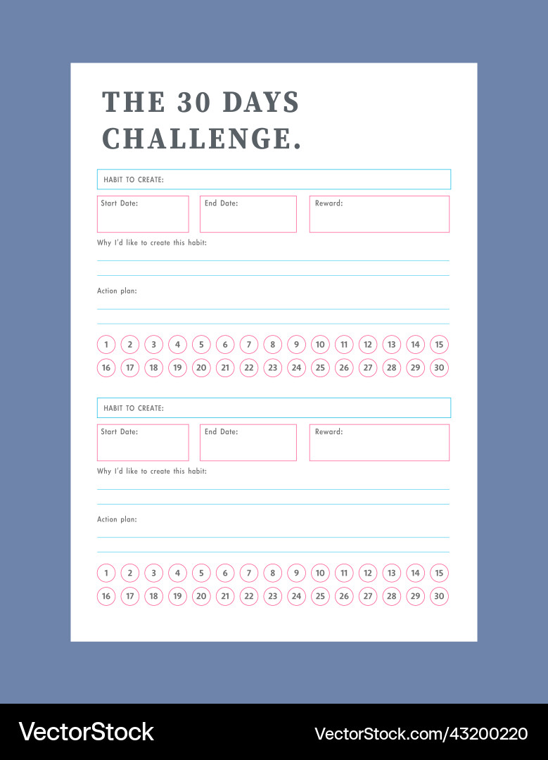 Habit 30 days challenge planner Royalty Free Vector Image