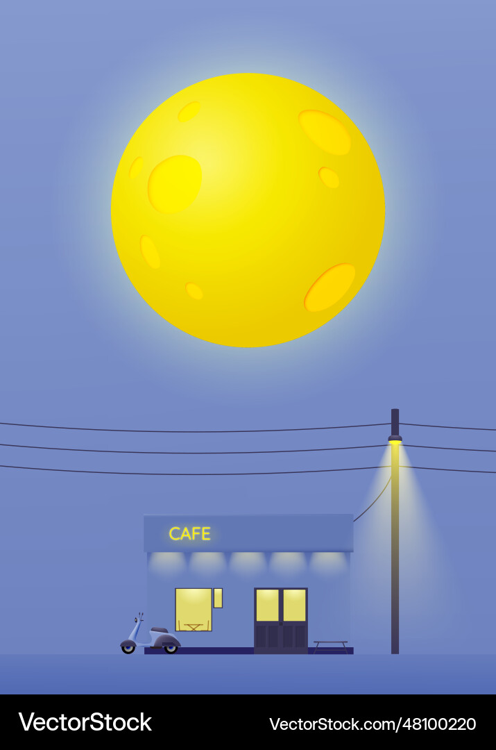 Night time cafe and landscape with full moon Vector Image