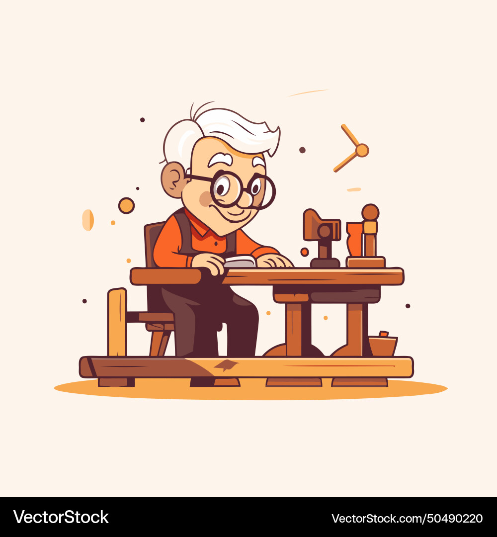 Old man sitting at the table and reading a book Vector Image