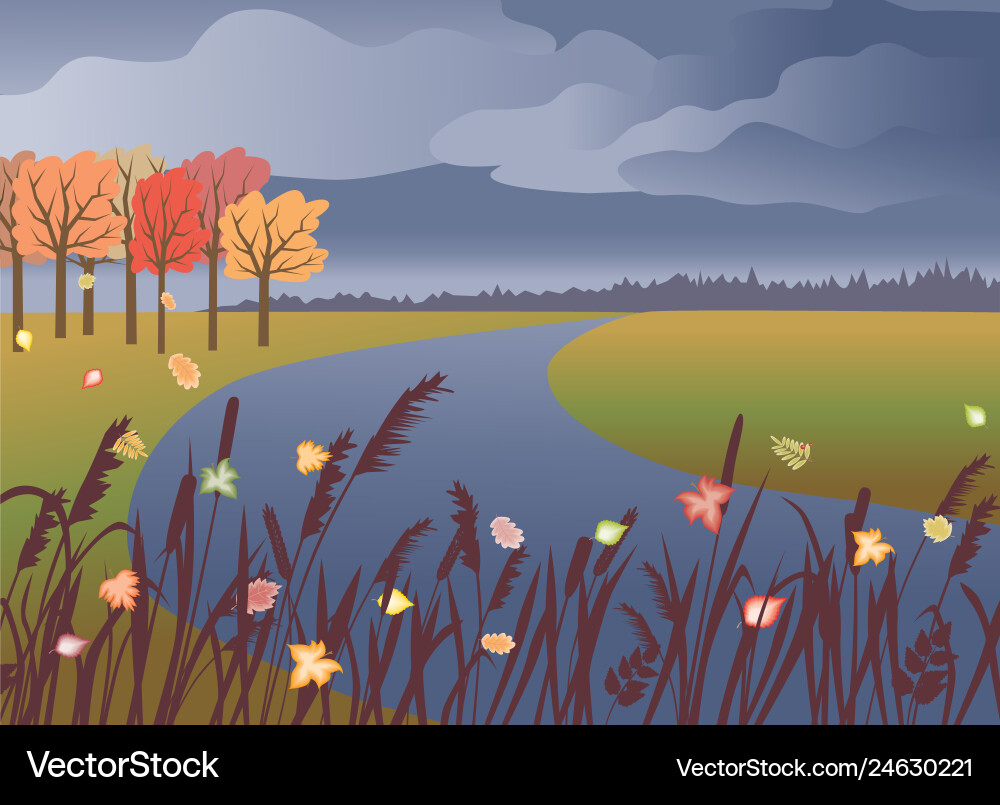 Autumn landscape of cloudy day over river side Vector Image
