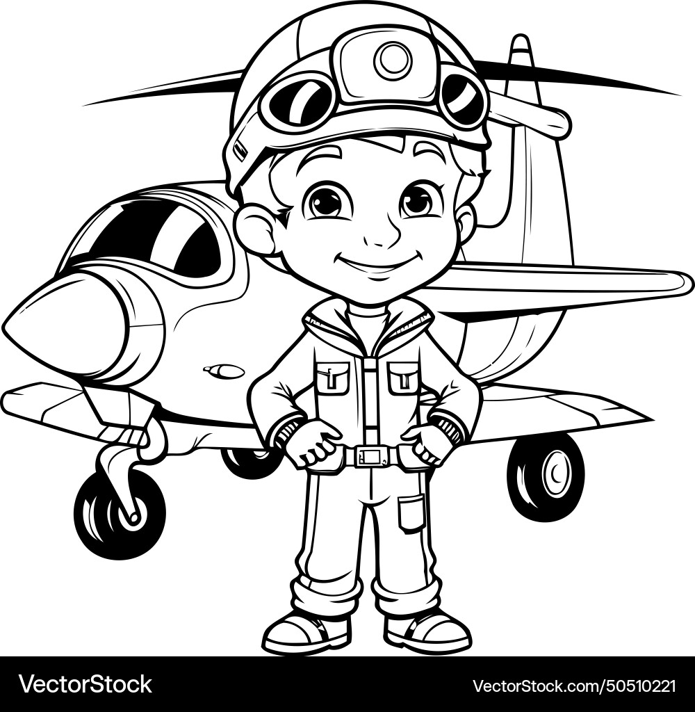 Boy pilot with airplane coloring book for children