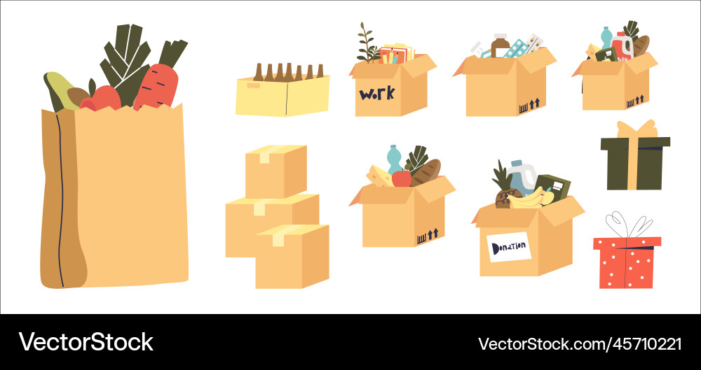 Cardboard donation boxes set with clothes Vector Image