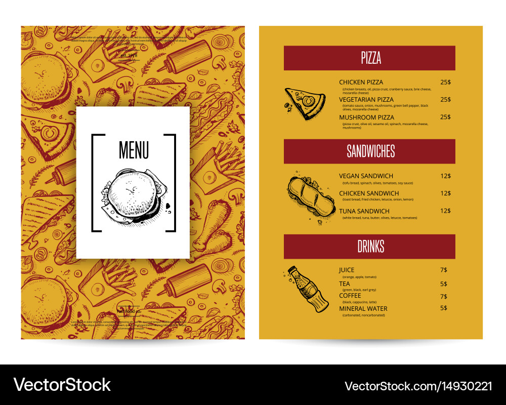 Creative fast food menu with hand drawn graphic Vector Image