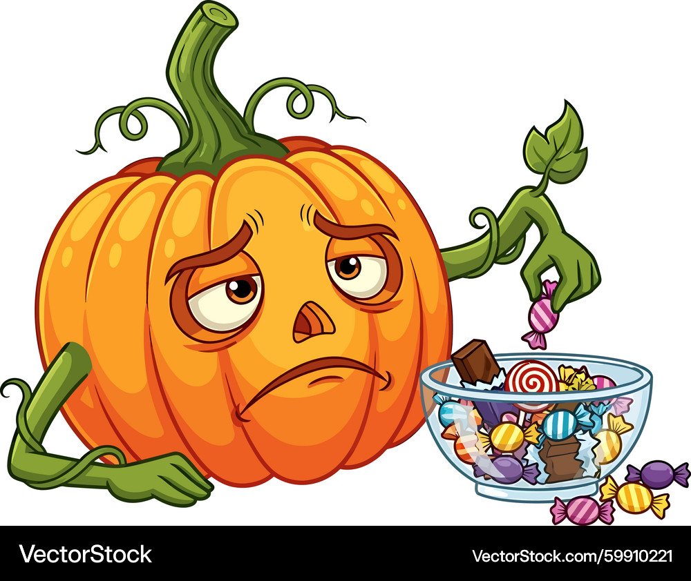 Sad Pumpkin Eating Halloween Candy Royalty Free Vector Image