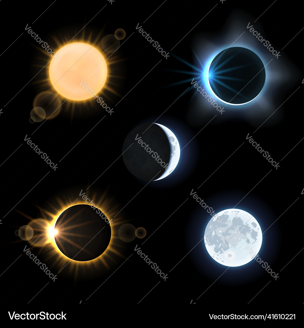Sun moon and suns moons eclipse set Royalty Free Vector