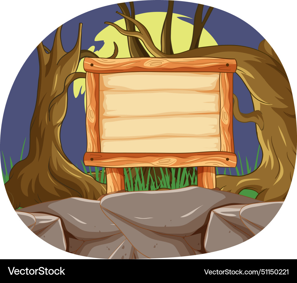 Wooden signboard in a mystical forest setting Vector Image