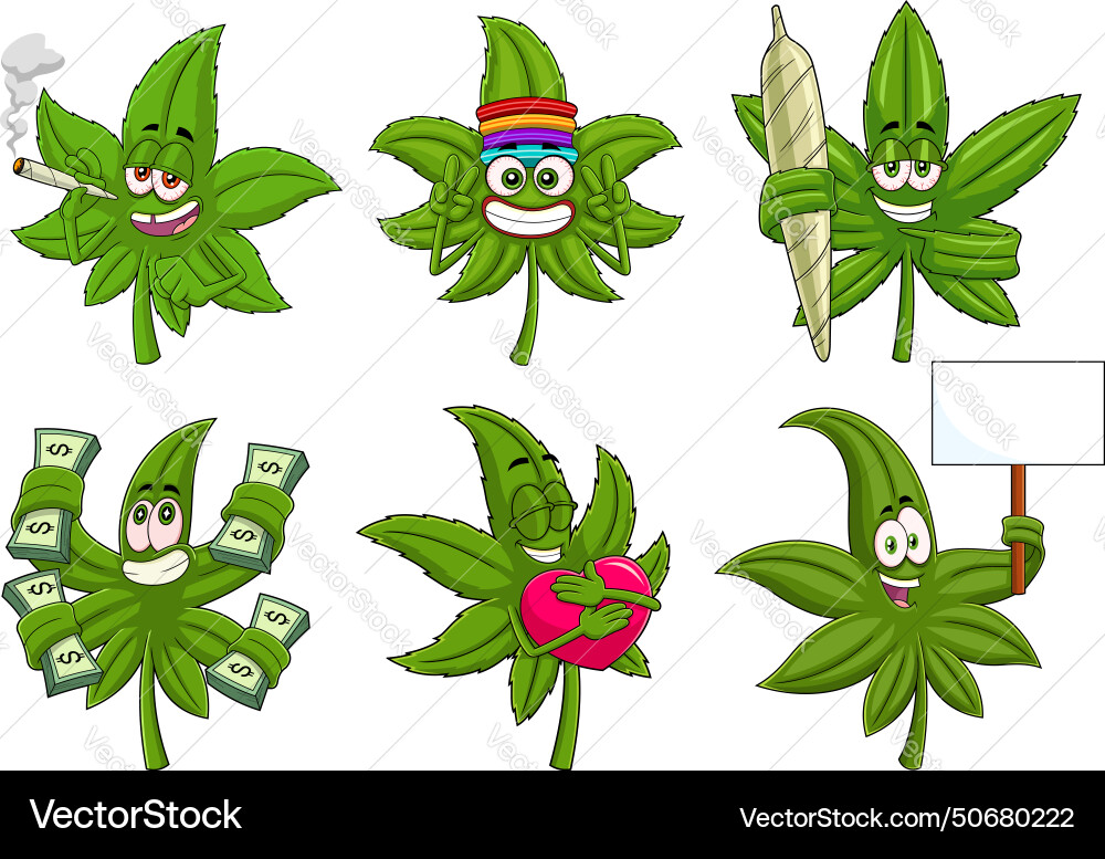 Funny marijuana leaf cartoon characters Royalty Free Vector