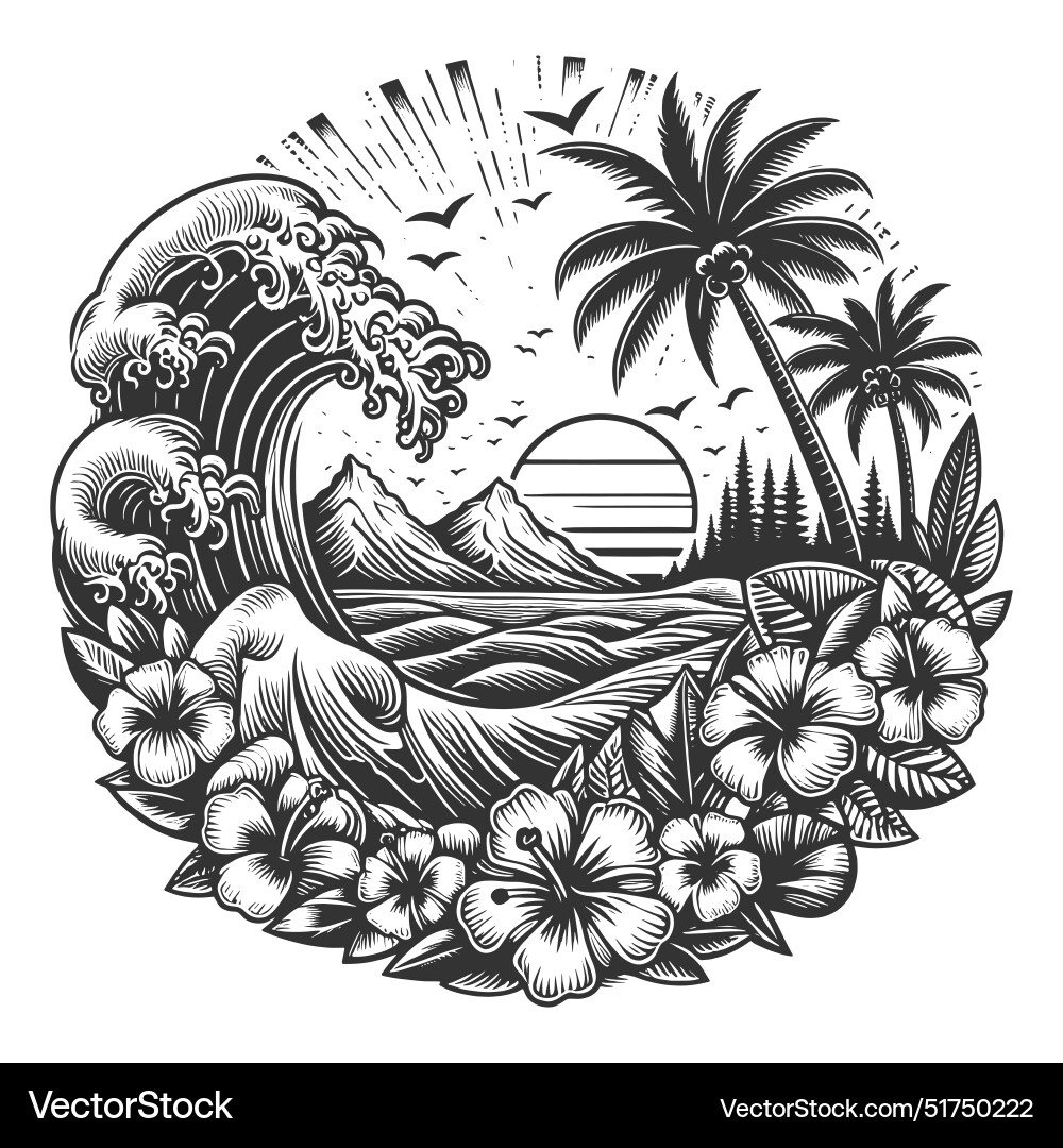 Tropical beach scene with waves and palms Vector Image
