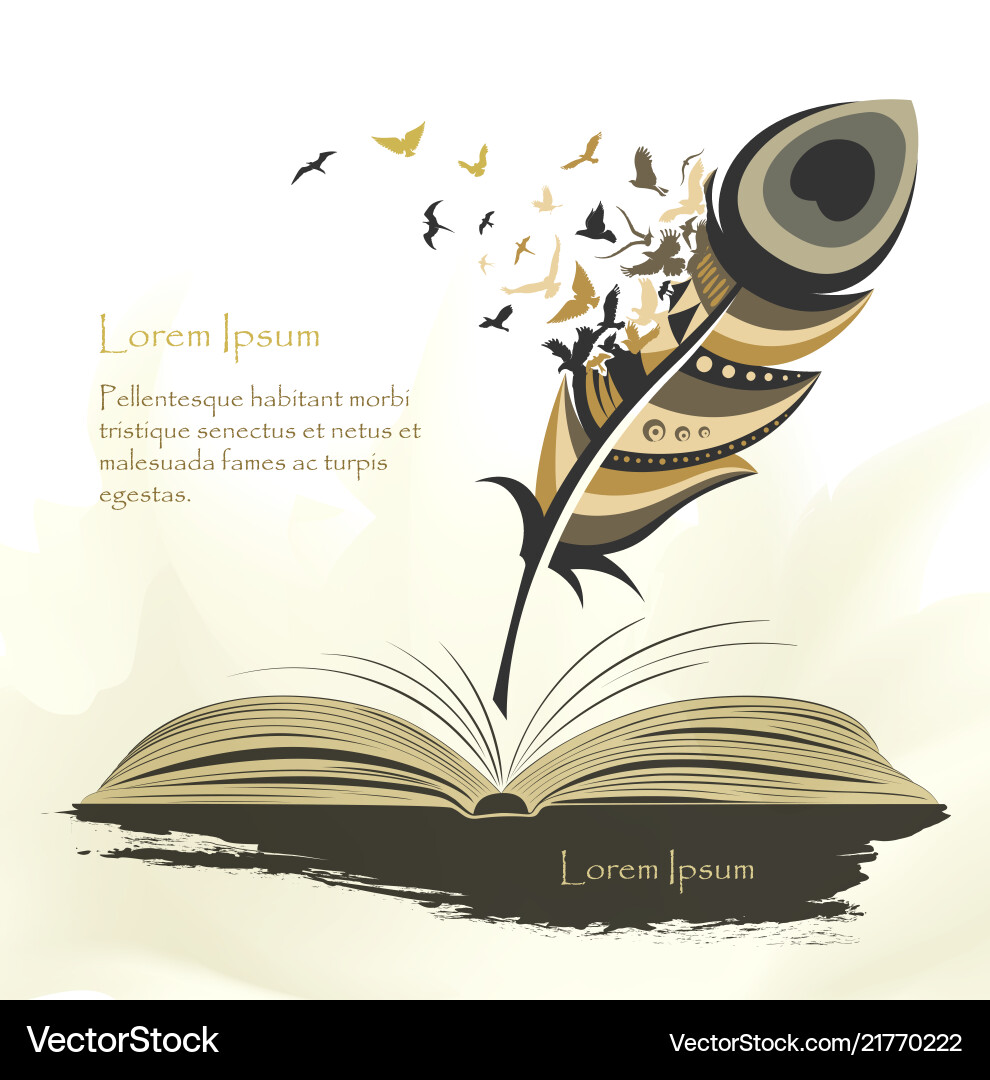 Writing pen multicolored feather with flying birds