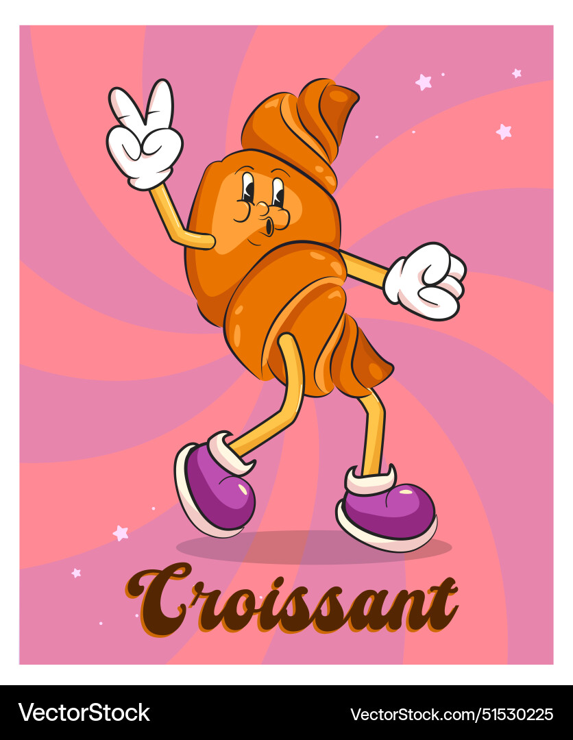 Cartoon retro mascot peace croissant Royalty Free Vector