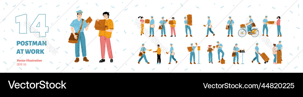 Postman and happy customers receiving parcels Vector Image