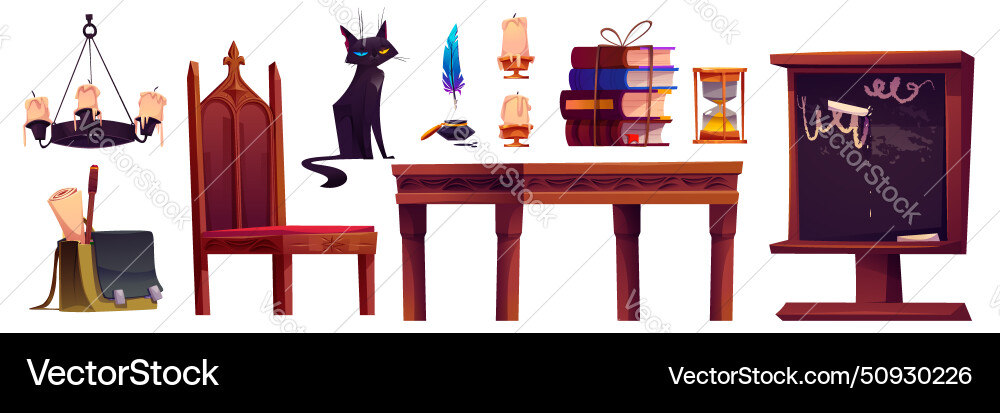 Magic school room with wizard book cartoon game Vector Image