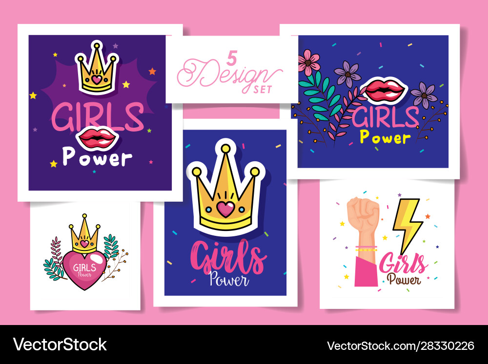 Set five designs girl power cards Royalty Free Vector Image