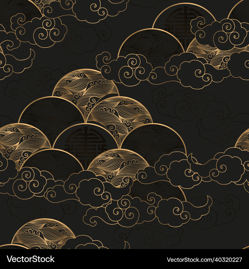 Seamless pattern with gold waves and clouds Vector Image