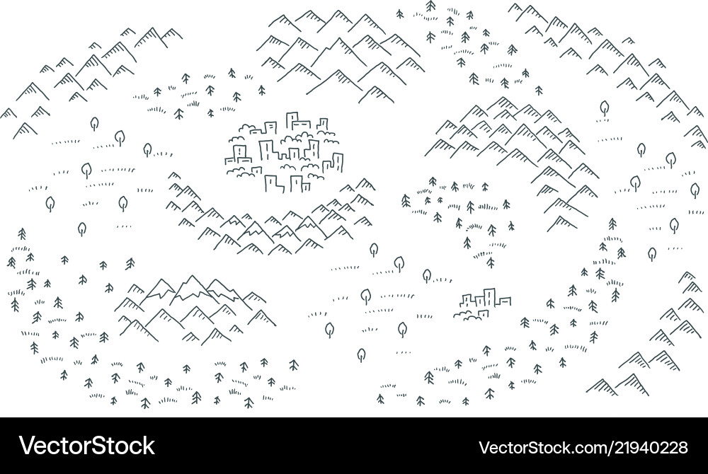 Draw map with mountains forest and small town Vector Image