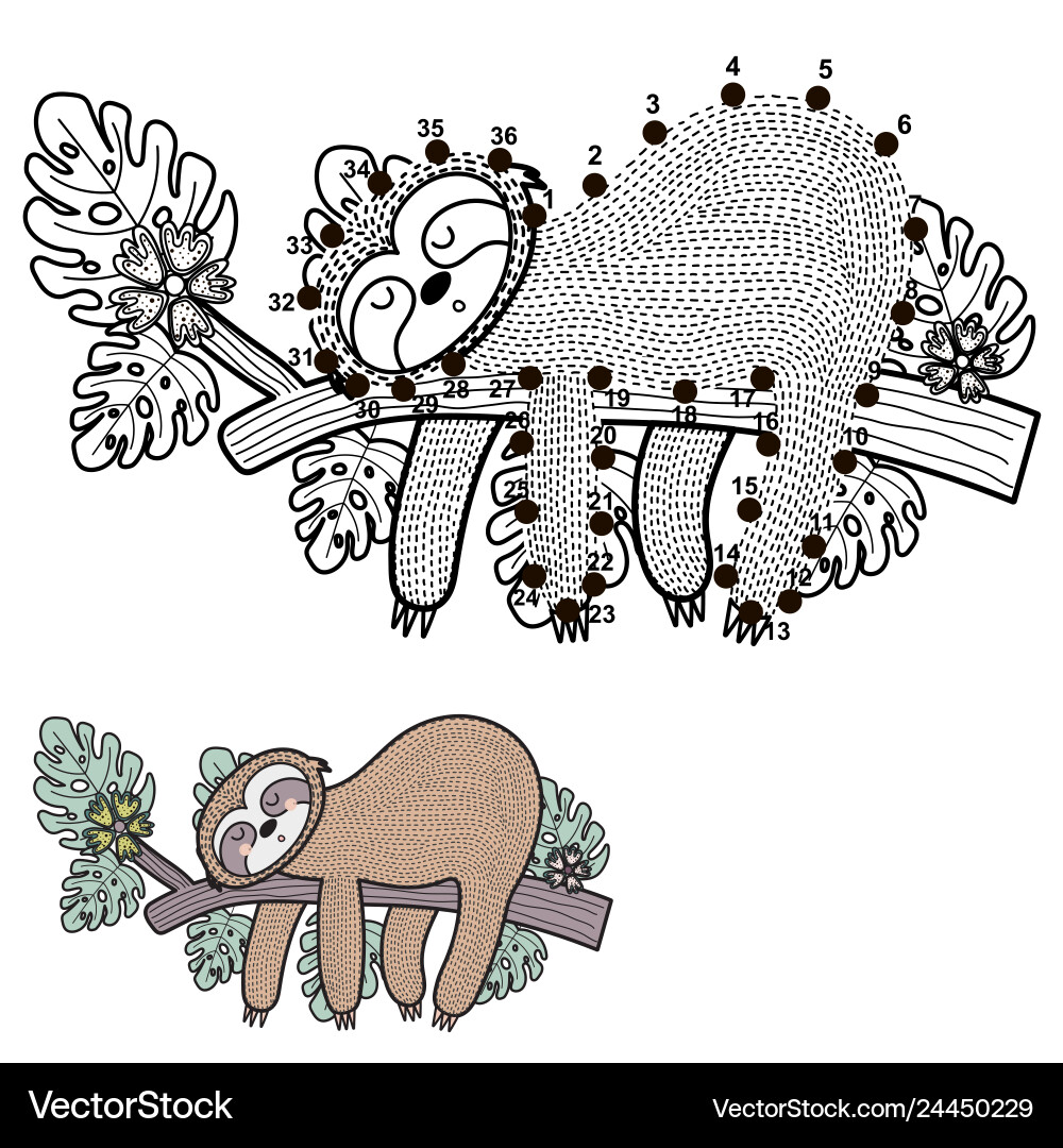 Connect the dots and draw a cute sloth Royalty Free Vector
