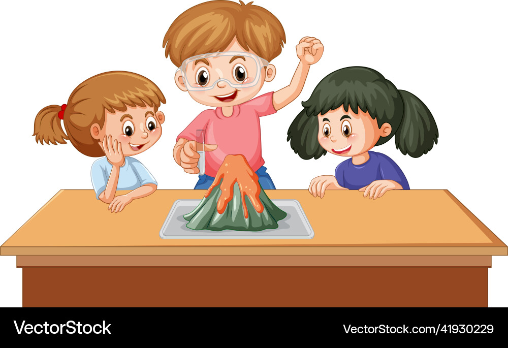 Kids doing science experiments on volcanic Vector Image