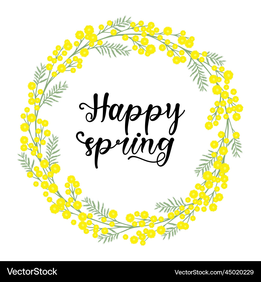 Wreath with mimosa twigs happy spring round frame Vector Image