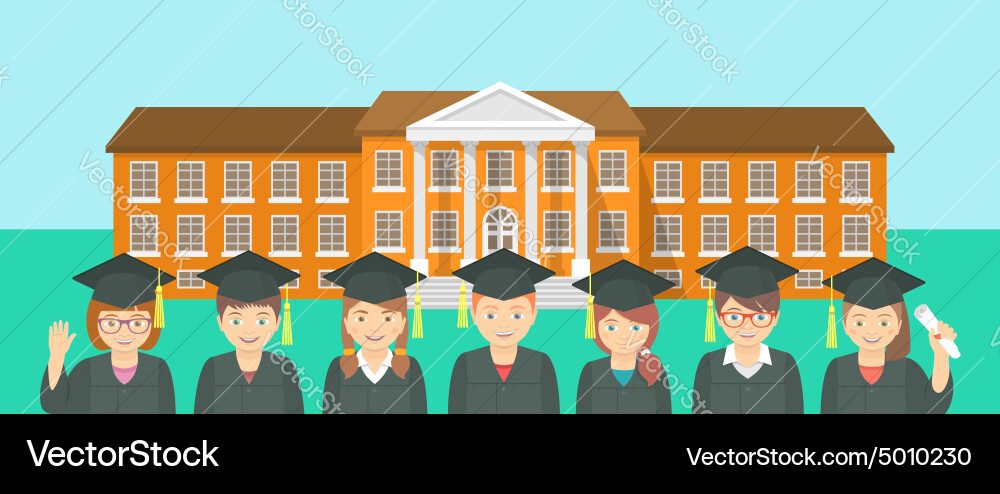 Flat style kids graduation and school building Vector Image