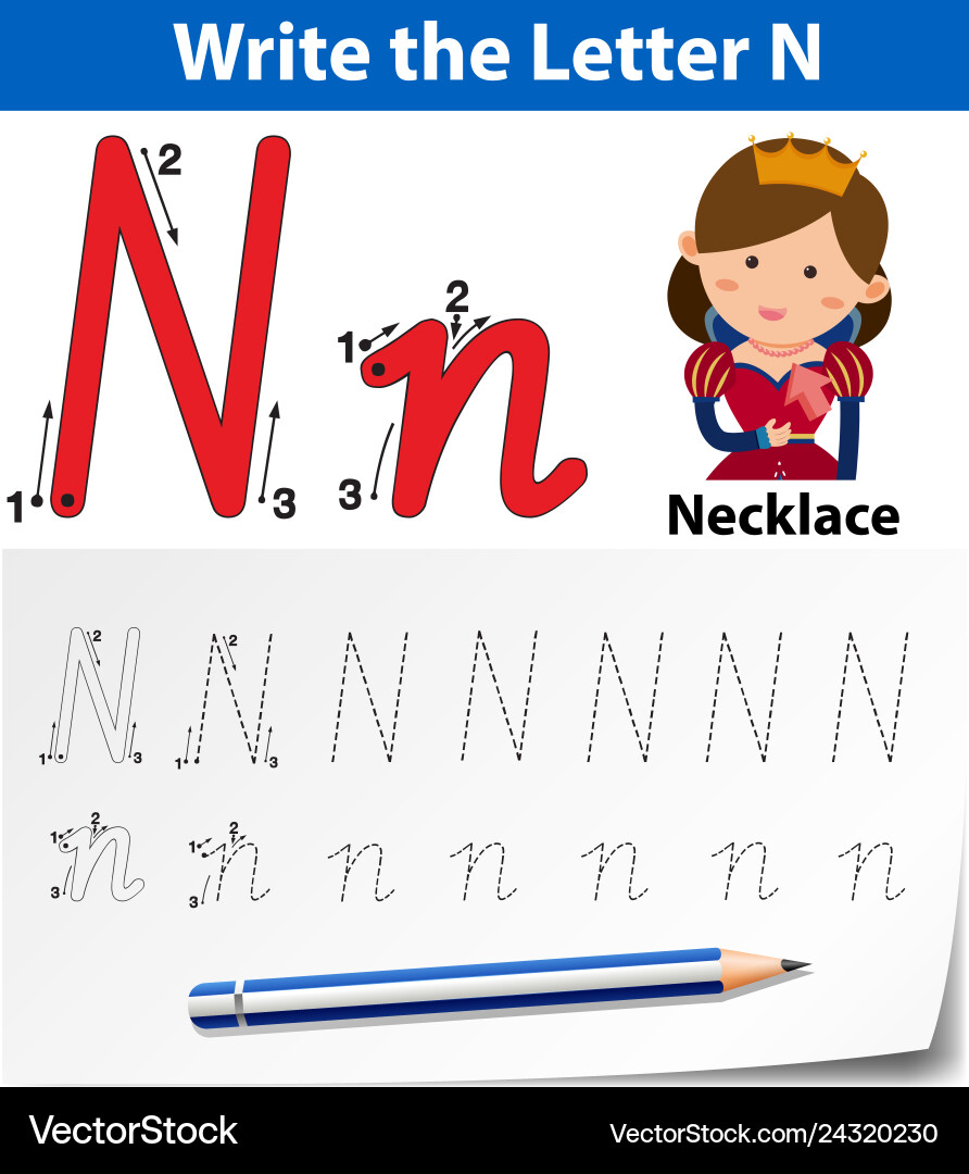 Letter n tracing alphabet worksheets Royalty Free Vector