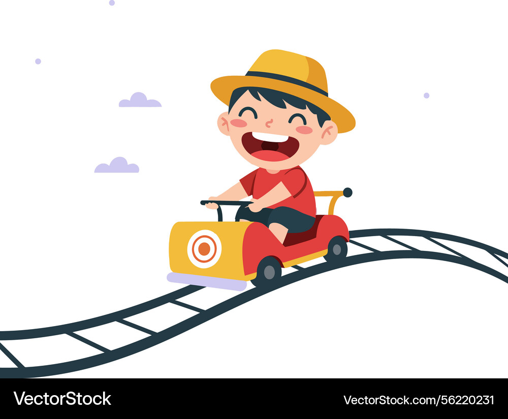 A cheerful boy riding a small train on tracks in Vector Image