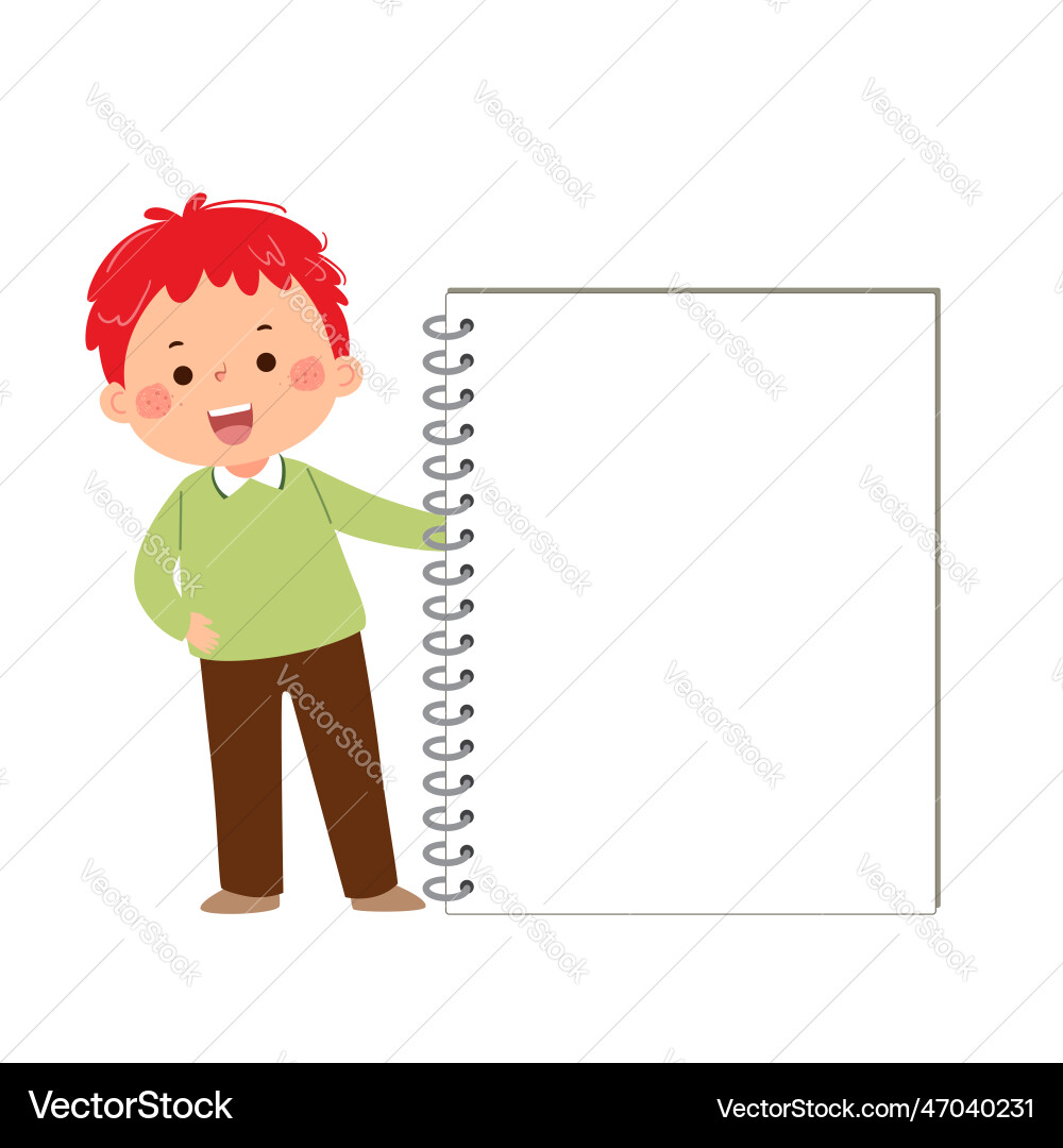 Cartoon little student boy with big notebook Vector Image