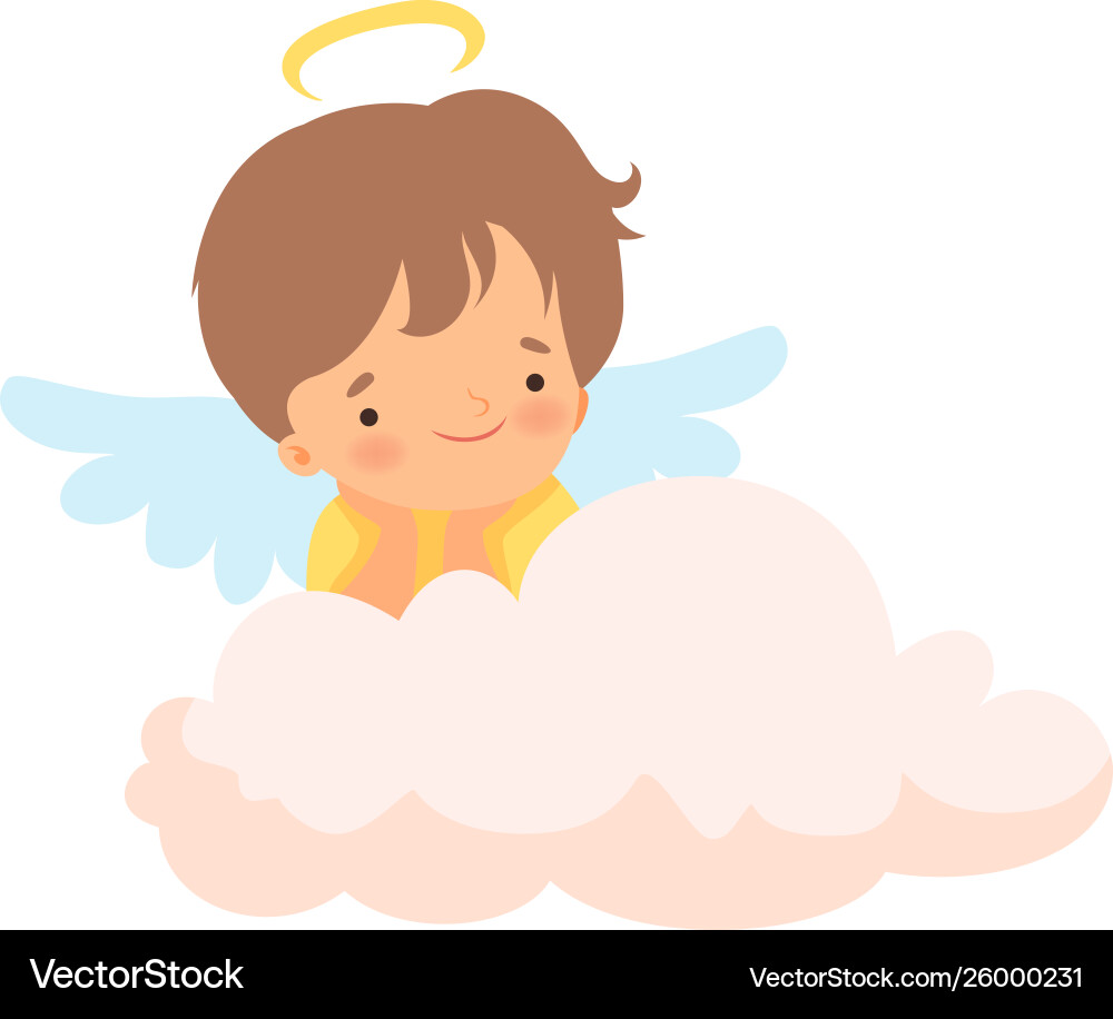 Cute boy angel with nimbus and wings sitting Vector Image