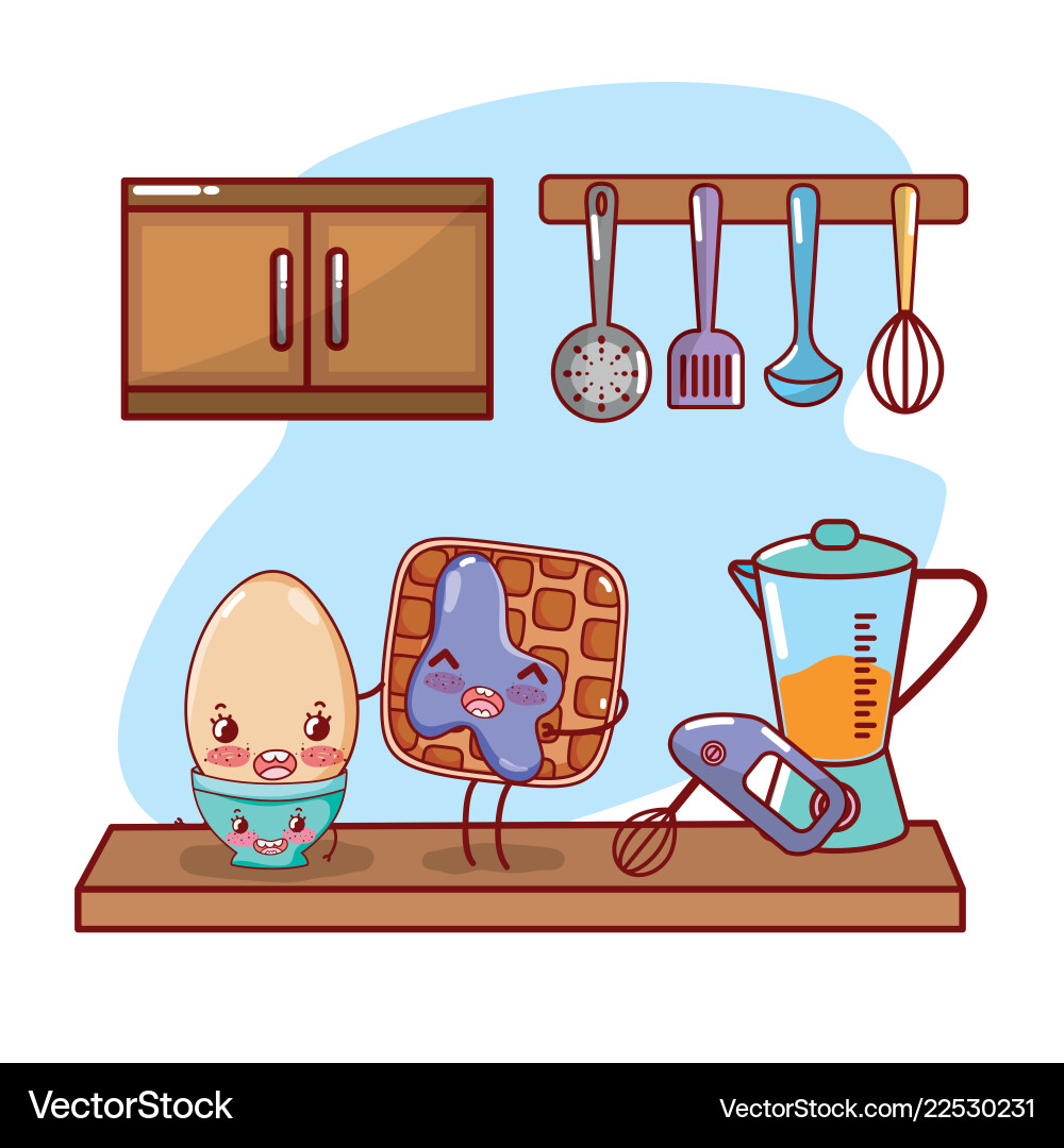 Kitchen items cartoon kawaii Royalty Free Vector Image