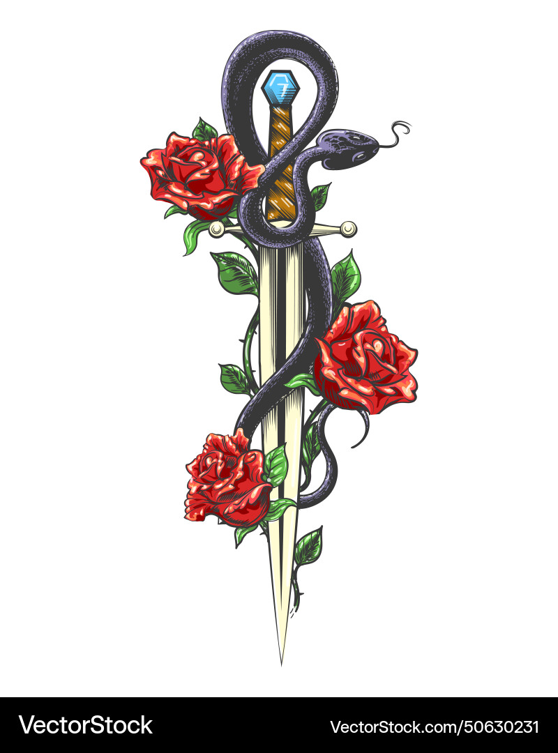 Snake & Roses Sword Tattoo Royalty Free Vector Image