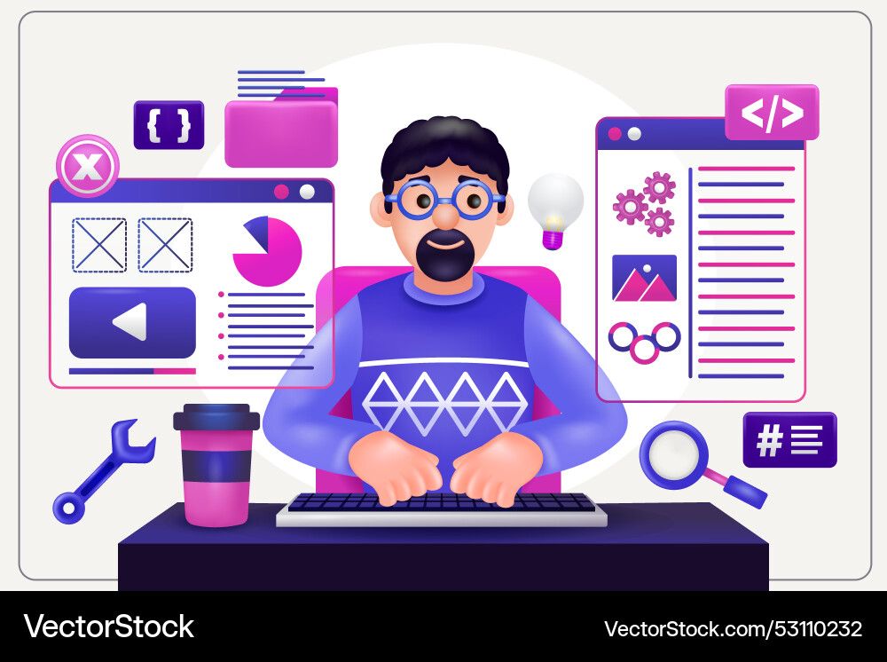 3d of man doing coding and programming on his Vector Image