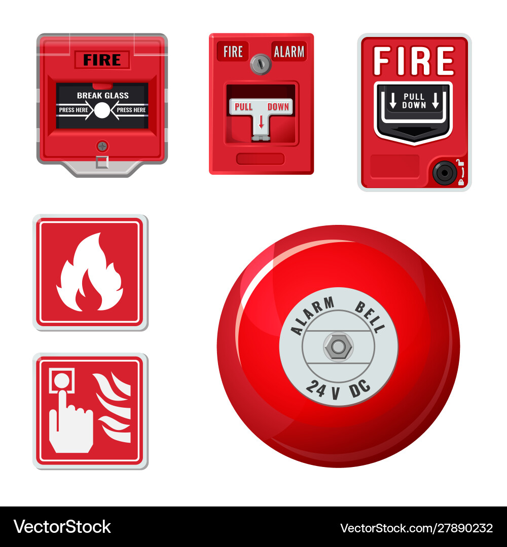 Fire alarm system icons set red ringing bell Vector Image