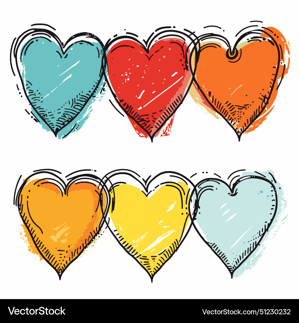 Handdrawn hearts various colors sketched style Vector Image